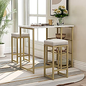 SIYAHOME Table & Chair 3-Piece Modern, Artificial Dining Table Set with Faux Marble Countertop and Bar Stools and 2 Eextra Thick Cushions for Cafe, Pub, Club, White + Gold