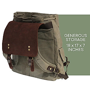 Peraware SAGE Genuine Leather Green Military Backpack Casual Daypack Backpacks Rucksack - Mens Backpack for Travel - Canvas Leather Backpack for Women Men Luggage Laptop Backpack for Men.