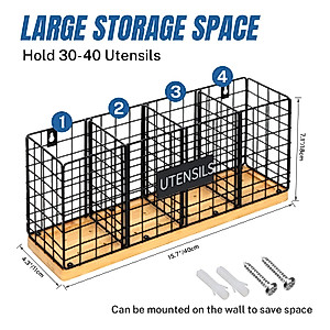 WellSign Kitchen Utensil Holder for Countertop with 4 Compartments, Black Metal Large Cooking Utensil Holder with Bamboo Base, Farmhouse Utensil Organizer for Kitchen Counter or Wall Mounted Storage