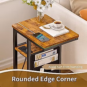 SUPERJARE C Shaped End Table with Charging Station, Side Table with Storage Bag, Couch Table, C Table with USB Port and Outlet, for Living Room, Bed Room, Rustic Brown