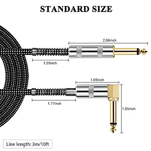 JOLGOO Guitar Cable, 1/4 Inch Cable 10 Ft, Straight to Right Angle 6.35mm Plug Bass Keyboard Instrument Cable, Black and Gray Tweed Cloth Jacket, Electric Mandolin, pro Audio