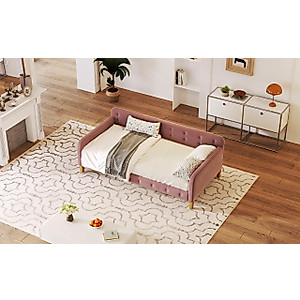 OUYESSIR Twin Size Upholstered Daybed, Comfy Wooden Velvet Fabric Day Bed Frame with Tufted Button for Kids Adults Boys Girls, Pink