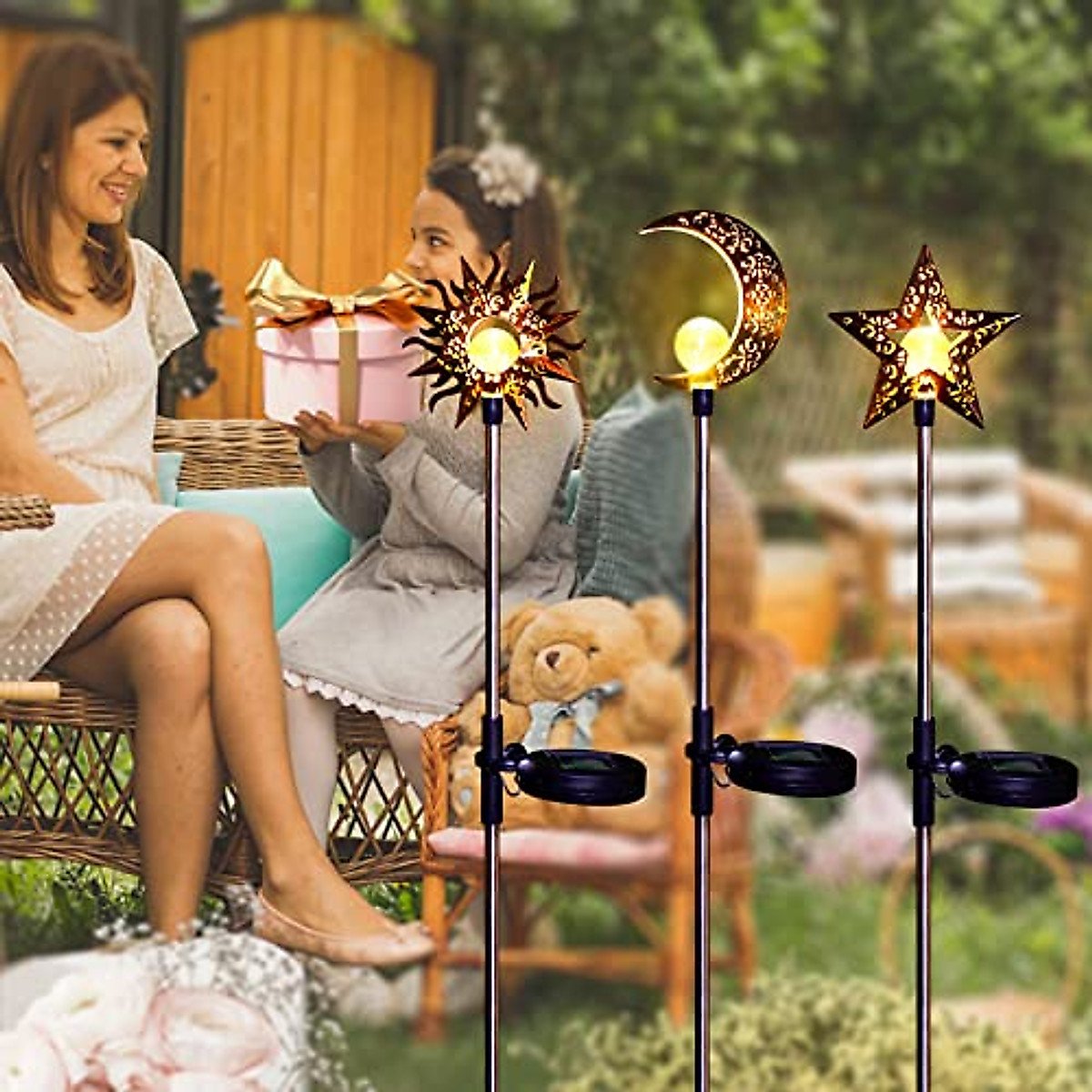 Tryme Solar Lights Outdoor Garden Decorations Sun Moon Star Stake Light Decorative Waterproof Warm White LED Yard Decor for Pathway Lawn Patio Courtyard Backyard