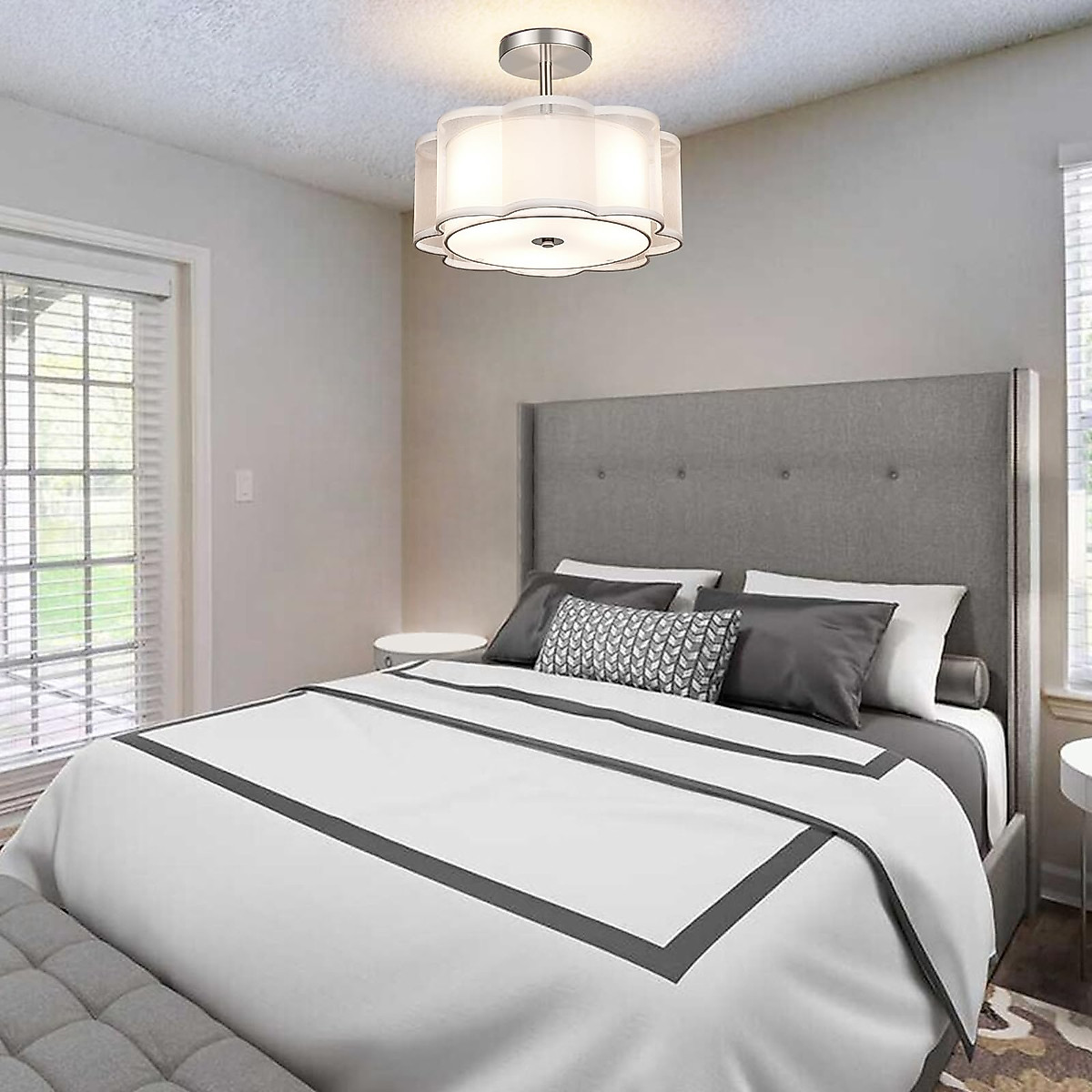 FRIDEKO HOME 3-Light Semi Flush Mount Ceiling Light Fixture Bedroom Light Fixtures with Double Fabric Shade Modern Close to Ceiling Lamps for Living Room Dining Room Kitchen Hallway Entry Foyer