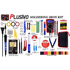 Soldering Iron Kit - 60W Adjustable Temperature, Digital Multimeter, 5pcs Soldering Tips, Solder Wire, Stand, Desoldering Pump, Solder Wick, Tweezers, Paste [110V US Plug] from Plusivo