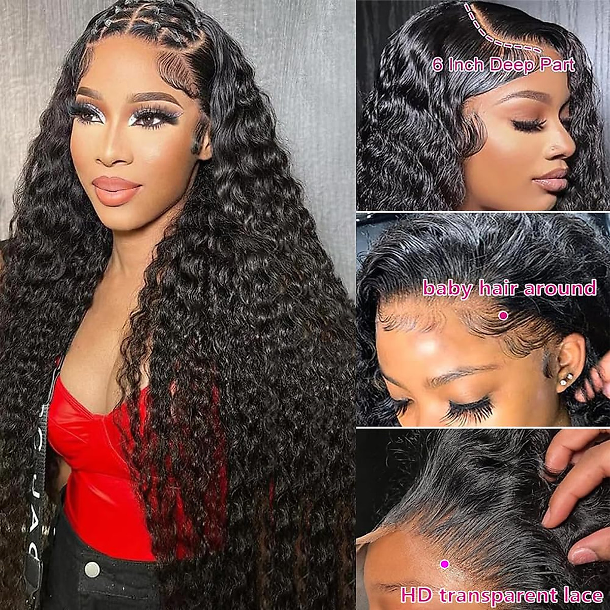 JADEFLO 13x4 Deep Wave 24 inch Lace Front Wigs Human Hair Pre Plucked with Baby Hair 180 Density Curly lace frontal Wigs for Women Human Hair HD Lace Deep Wave Frontal Wig Natural Color (24 Inch)