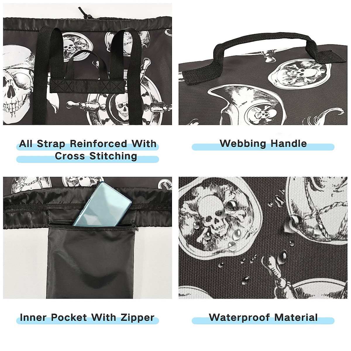 innewgogo Pirate Skull Nylon Travel Laundry Bag for Luggage Dirty Clothes Organizer with Drawstring Closure & Shoulder Straps Dirty Clothes Shoulder Bag for Apartment College Dorm Factories