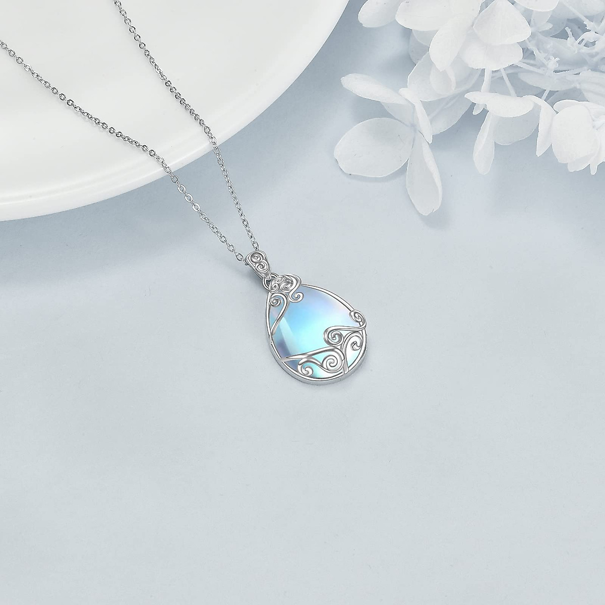 YAFEINI 925 Sterling Silver Moonstone Necklace Filigree Teardrop Pendant Necklace Jewelry for Women (A-filigree moonstone necklace)