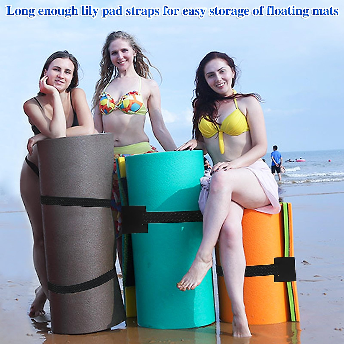 2Pcs Floating Water Mat Straps with Pad Protectors, Water Pad Storage Straps with Elastic and Anti-Slip Strips, Reusable Metal Buckle Nylon Cinch Securing Straps for Most Water Pad Mats (90 inch)