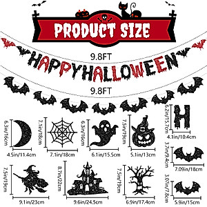 PatiCool Happy Halloween Banner Glitter Pre-Strung | Black and Red Halloween Garland - Paper Happy Halloween Sign, Bats Banner and 7 Hanging Garland for Halloween Party Decorations