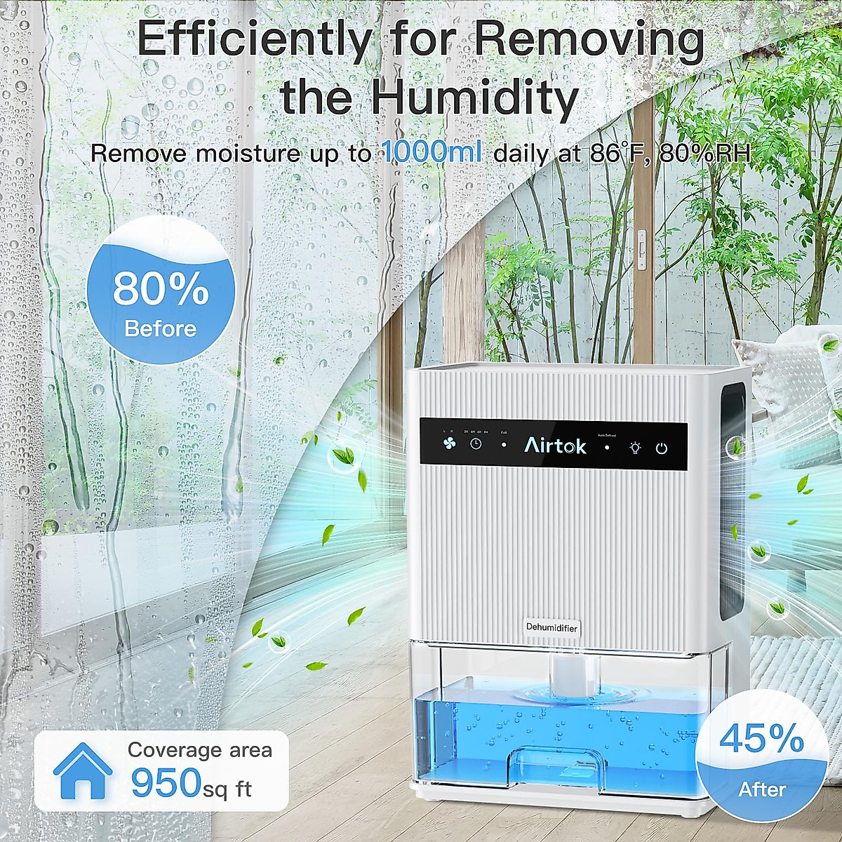 Airtok Dehumidifier for Home, Up to 950 Sq.Ft, 105.6 OZ Water Tank, Quiet Dehumidifier for Bedroom with Auto-Defrost, 4 Timer, Auto Shut Off, 7 Colors LED Light, for Bathroom Basement Closet RV