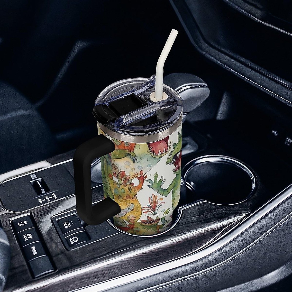 YTLKGFP 40 Oz Large Capacity Car Cup Chaotic Colorful Monsters Tumbler with Handle (Black) Straw Lid Insulated Stainless Steel Water Bottle Travel Mug Leak-proof Car Cup Keeps Cold Or Hot