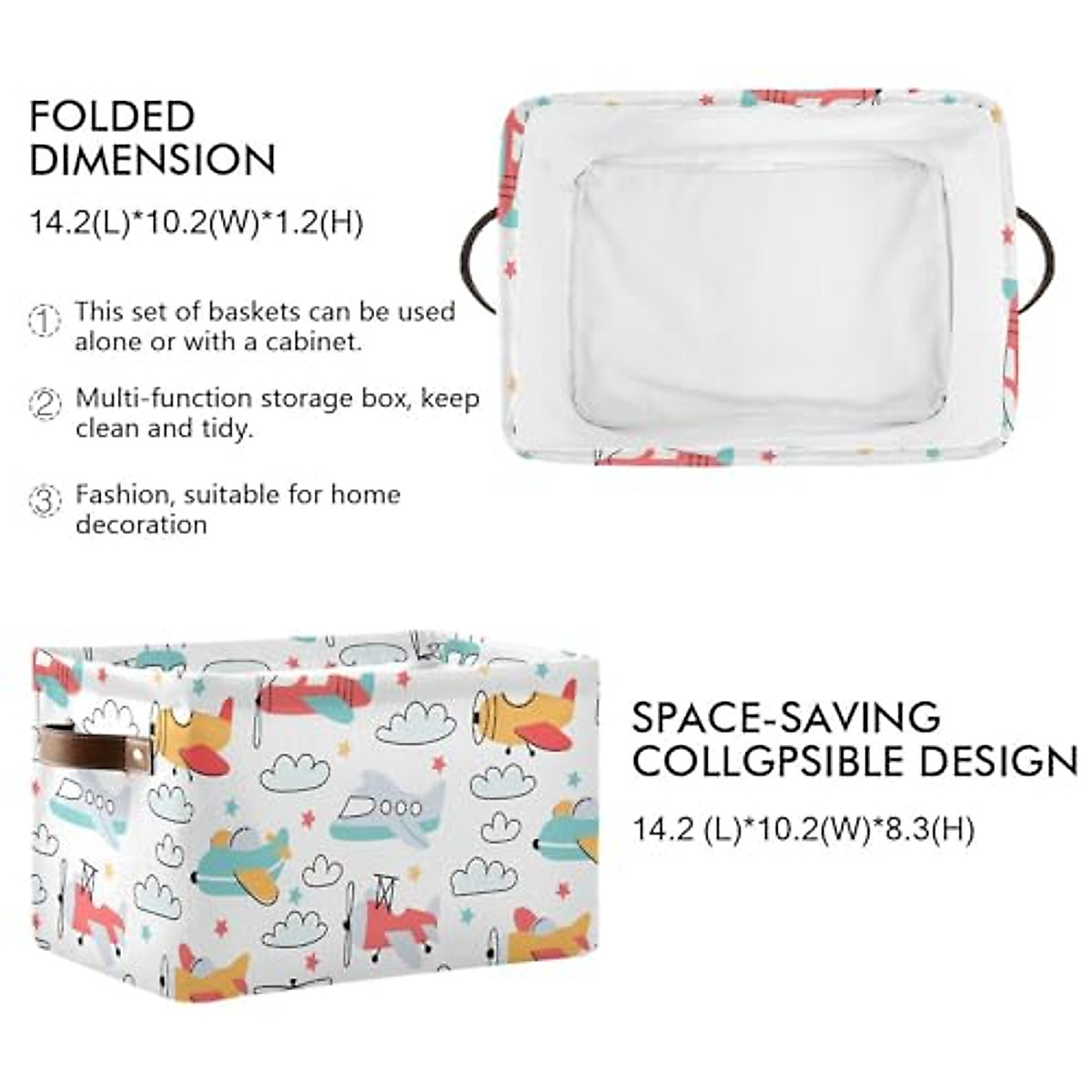 Cartoon Airplane Helicopter Storage Basket Bins Sturdy Toy Storage Organizer Bins Laundry Basket with Handles for Pet Books Clothes Makeup Nursery Closet Office,2 pcs