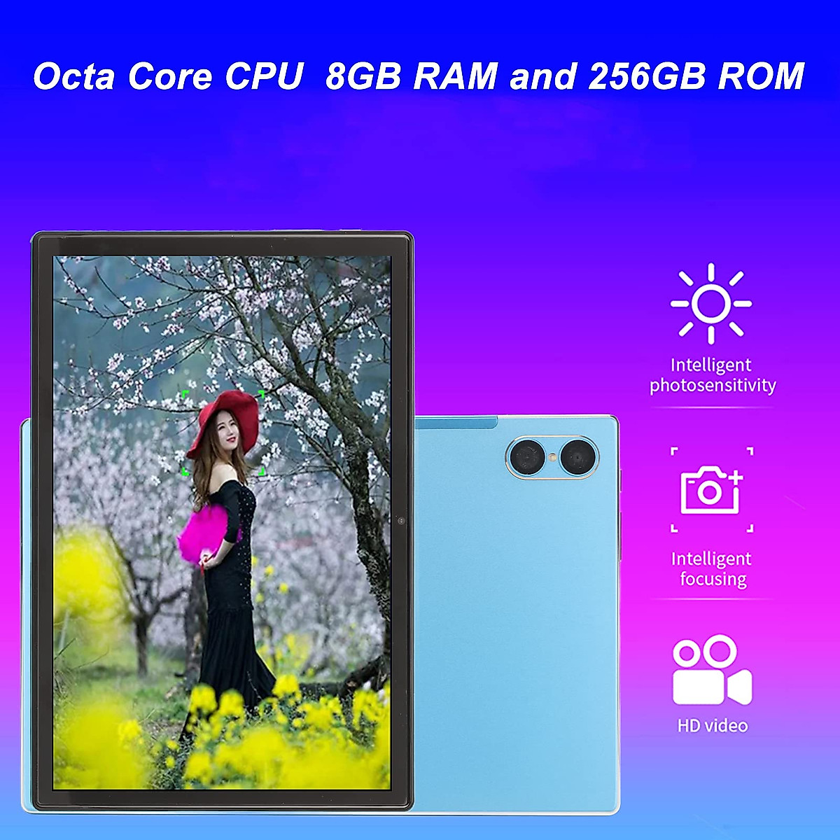 Vikye 10 Inch Tablet, HD 10 Inch IPS Screen 8GB RAM 256GB ROM Octa Core CPU Dual SIM 8MP 16MP Dual Camera Tablet 7000mAh Battery (US Plug)