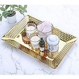 Koluti 12 Inch Gold Rectangle Decorative Tray, Brass Tone Hammered Nightstand Accessory Dresser Serving Plate, Counter Perfume Jewelry Makeup Organizer Storage, Stainless Steel