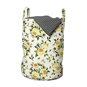 Lunarable Rose Laundry Bag, Roses Hybrid Flora Park Summer European Old Fashioned Antique Design Pattern, Hamper Basket with Handles Drawstring Closure for Laundromats, 13" x 19", Yellow Green Beige