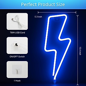 XIYUNTE Neon Sign Lightning Bolt Neon Light Sign for Wall Decor, USB or Battery Powered Blue Led Lightning Bolt Neon Signs for Bedroom, Kids Room, Living Room, Bar, Party, Christmas, Wedding
