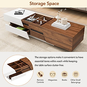 Merax Coffee Table Extendable Sliding Top for Living Room Modern with Drawers Hidden Compartment Accent Furniture Multifunctional Cocktail Reception Office Bedroom, 47.2"-72.8", White/Walnut