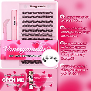 Lash Extension Kit 144Pcs Lash Clusters DIY Eyelash Extension Kit D Curl Fluffy Cluster Lashes Wispy Individual Lashes with Long Lasting Lash Bond and Seal and Lash Tweezers for Lash Extension at Home