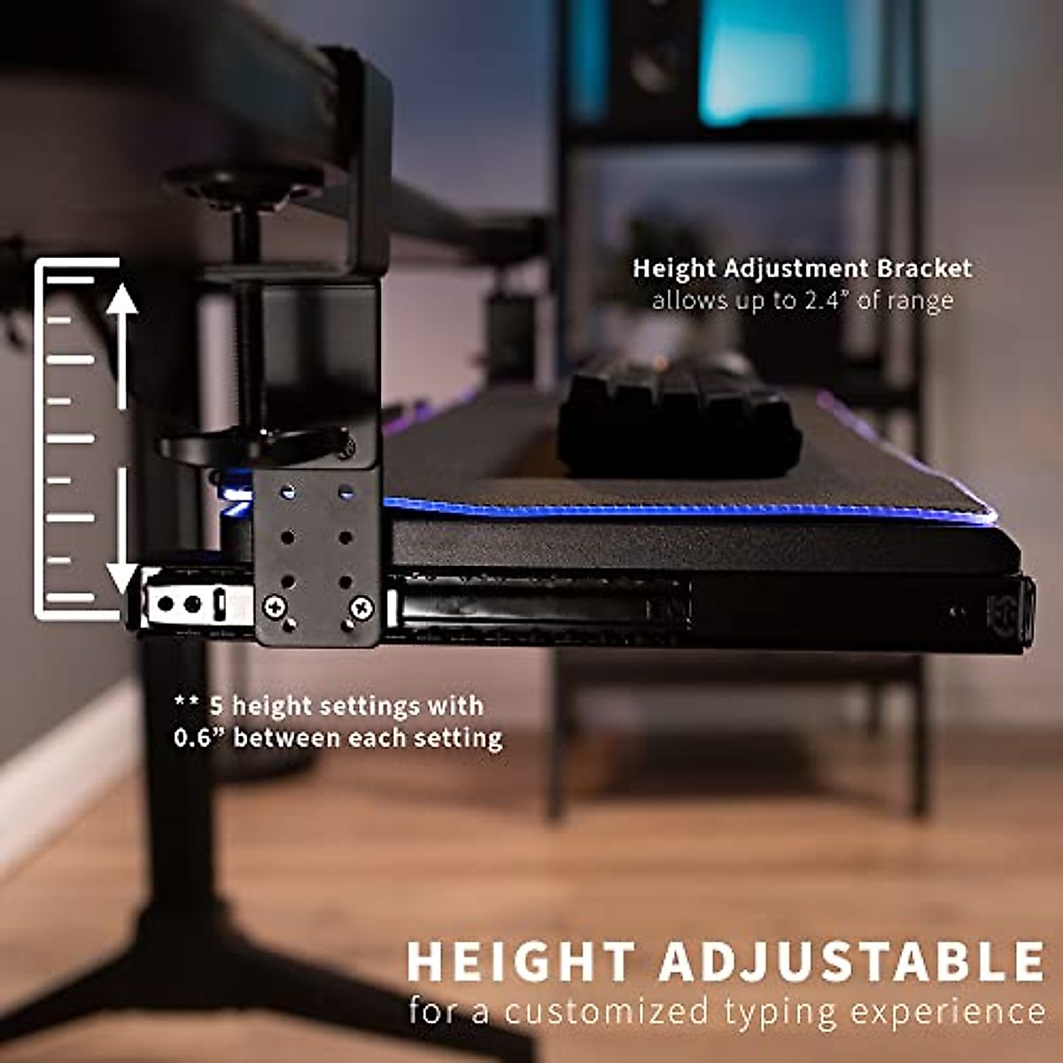 VIVO Large Height Adjustable Under Desk Keyboard Tray with RGB LED Light Mouse Pad, C-clamp Mount, 27 (33 Including Clamps) x 11 inch Slide-Out Platform Computer Drawer for Typing, Black, MOUNT-KB05GP