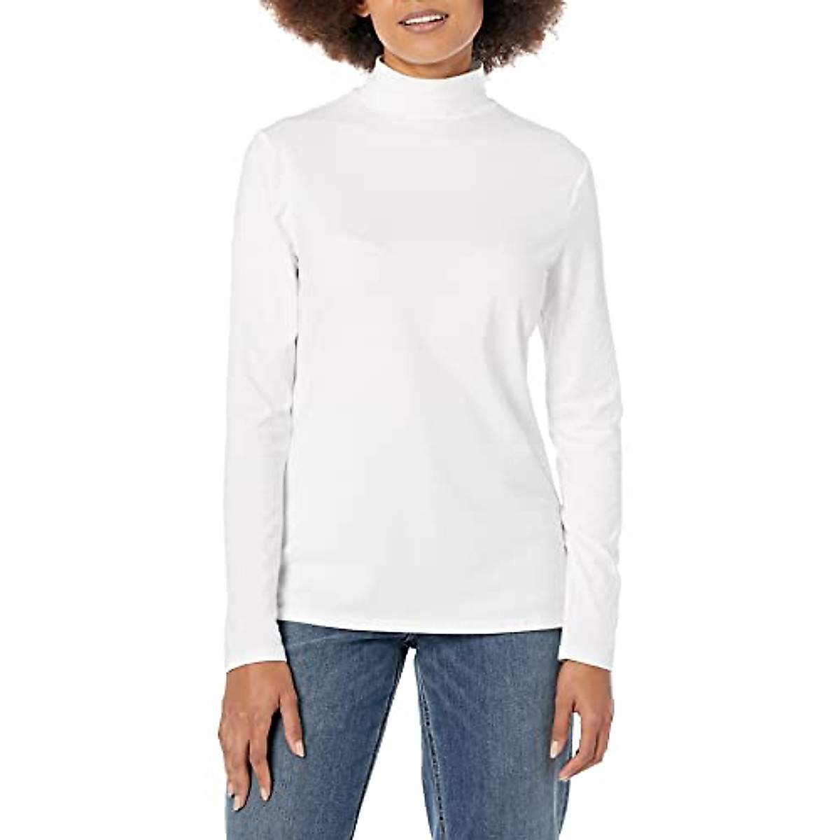 Amazon Essentials Women's Classic-Fit Long-Sleeve Mockneck Top (Available in Plus Size), White, Small