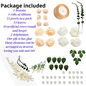 TTS For Home - Wedding Brooms Bride Bridegroom, Jumping The Broom for Wedding, Natural Whisk Broom with Ribbons, Artificial Pearl, Leaves,Roses for Decorative Wedding