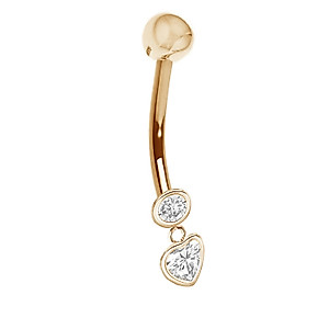 Ritastephens 14k Solid Yellow Gold CZ Dangle Heart Belly Button Navel Ring Body Art 14 gauge
