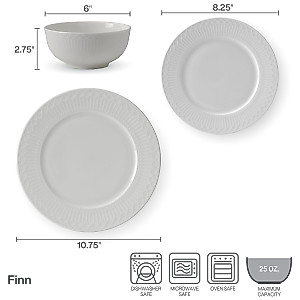 Mikasa Finn Bone China Lightweight Chip Resistant 12 Piece Dinnerware Set, Service for 4, White