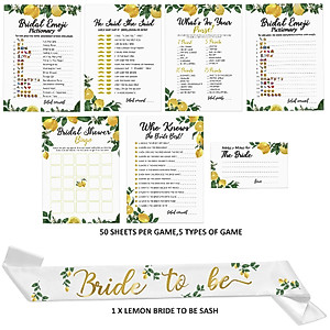 Lemon Bridal Shower Game with Bride to Be Sash-Set of 6 Activities Lemonade Bridal Shower Bachelorette Before Wedding Game for 50 Guests- 300 Cards Total, 50 Per Game, Gold