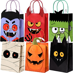 24 Pack Halloween Treat Bags Halloween Paper Gift Bags Trick or Treat Candy Goodie Bags with Handles Mummy Black Bat Frankenstein Vampires Evil Pumpkin Treat Bags for Halloween Party Favors Supplies
