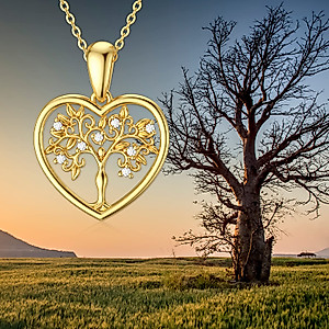 Ayafee 14K Solid Yellow Gold Tree of Life Necklace Dainty Pendant Necklace with Moissanite, Heart Necklace in 18 Inch for Women