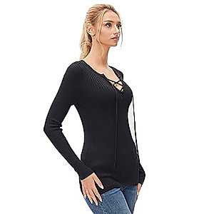 AmélieBoutik Women Notch V Neck Lace Up Long Sleeve Ribbed Sweater (Black Large)