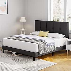 Generic Full Size Bed Frame Upholstered Platform with Headboard, Linen Fabric Wrap, Strong Frame and Wooden Slats Support, Easy Assembly No Box Spring Needed,Non-Slip and Noiseless, D Dark Grey