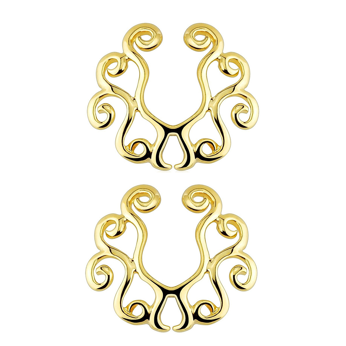 Gold Tone Vintage Tribal Floral Clip on Non-Pierce No Pierce Fake Nipple Ring, Sold as a Pair