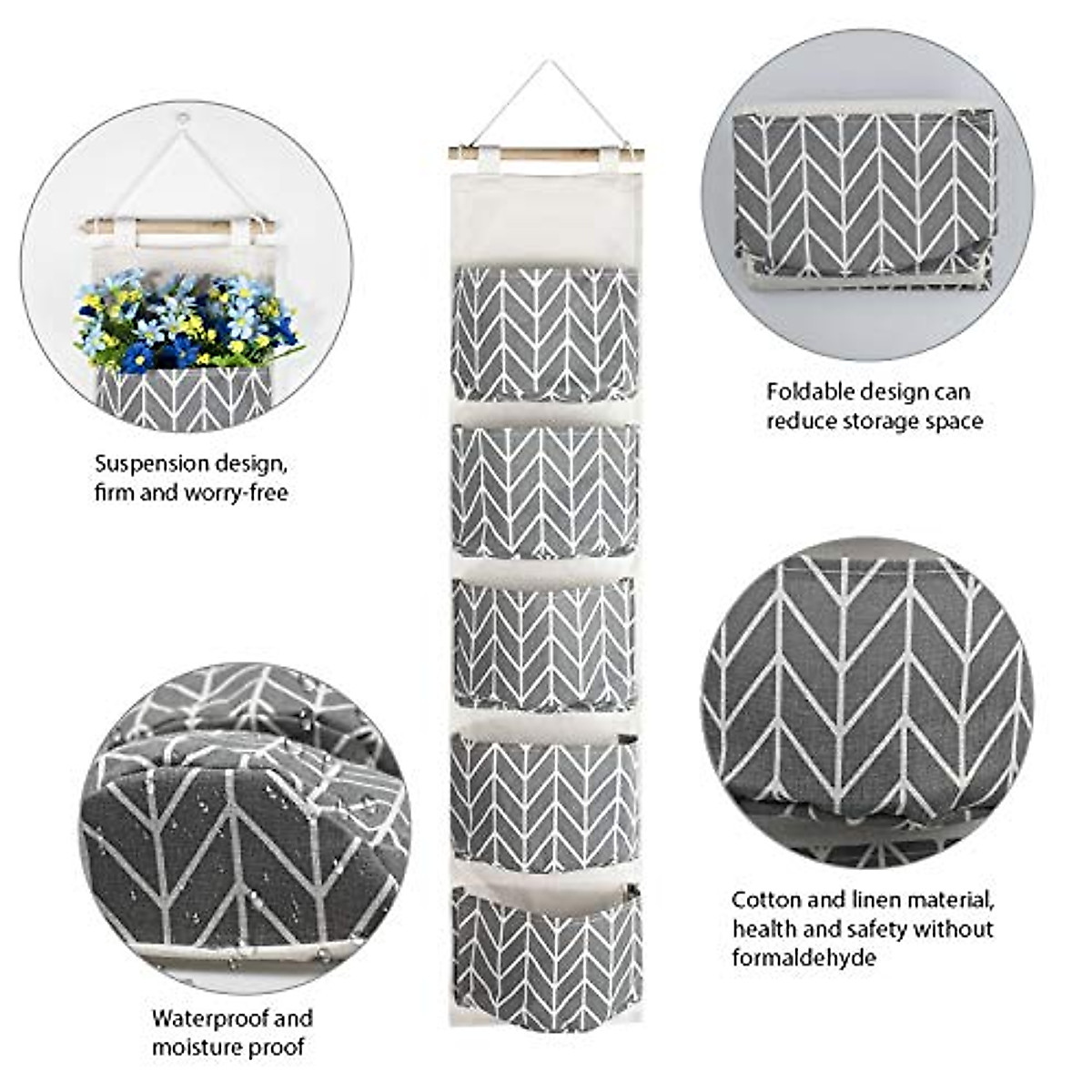 MOTASOM 3Pcs Over The Door Hanging Storage Bag, Waterproof Wall Closet Organizer with 5 Pockets, Linen Fabric Wall Hanging Mounted Organizer Pocket for Room Bathroom Bedroom Kitchen