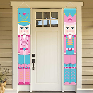 Allenjoy 11.8" x 70.9" 2PCS Pink Nutcracker Soldier Porch Sign Fairy Tale Christmas Party Welcome Xmas Door Yard Banner Polyester Wall Hanging Flags Decors Windproof Home Events Supplies