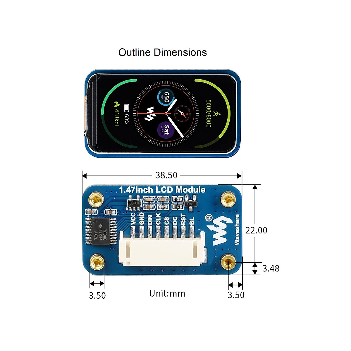 waveshare 1.47inch LCD Module 172×320 Resolution 262K RGB Colors IPS Display for Raspberry Pi, Arduino, STM32,Embedded ST7789V3 Driver,SPI Interface