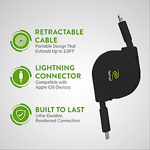 ReTrak Premier Series Retractable Lightning to USB-C Charge and Sync Cable, 18W High Speed Charging Lightning to Type C Charger for iPhone 13s, AirPods Pro, 2.6ft, Black, 2.6 Feet (ETLTCBLK)