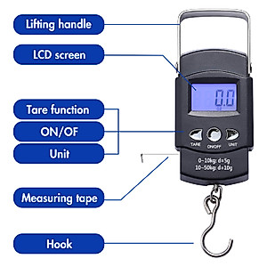 2 Pack Fish Scales, Portable Luggage Weight Scale with Backlit LCD Display 110lb / 50kg Electronic Balance Fishing Postal Hanging Hook Scale with 3.28 ft Measuring Tapes & 4 AAA Batteries (Black)