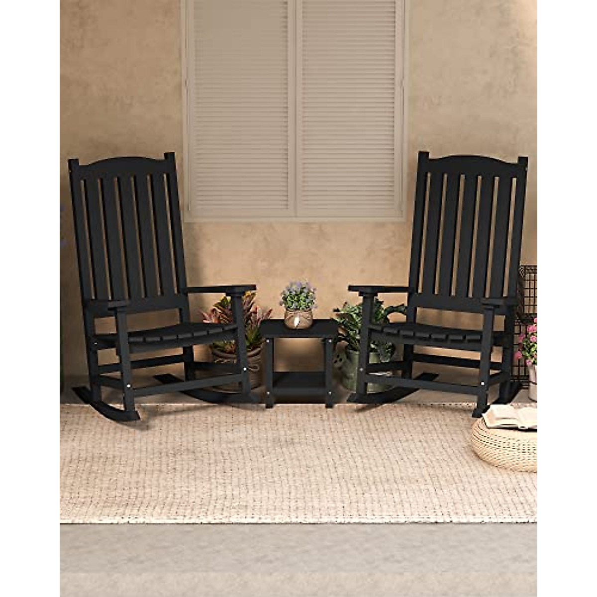 SERWALL Patio Rocking Chair, Oversized Porch Rocker for Adults, All Weather Resistant Rocking Chair for Patio Lawn Garden, Black