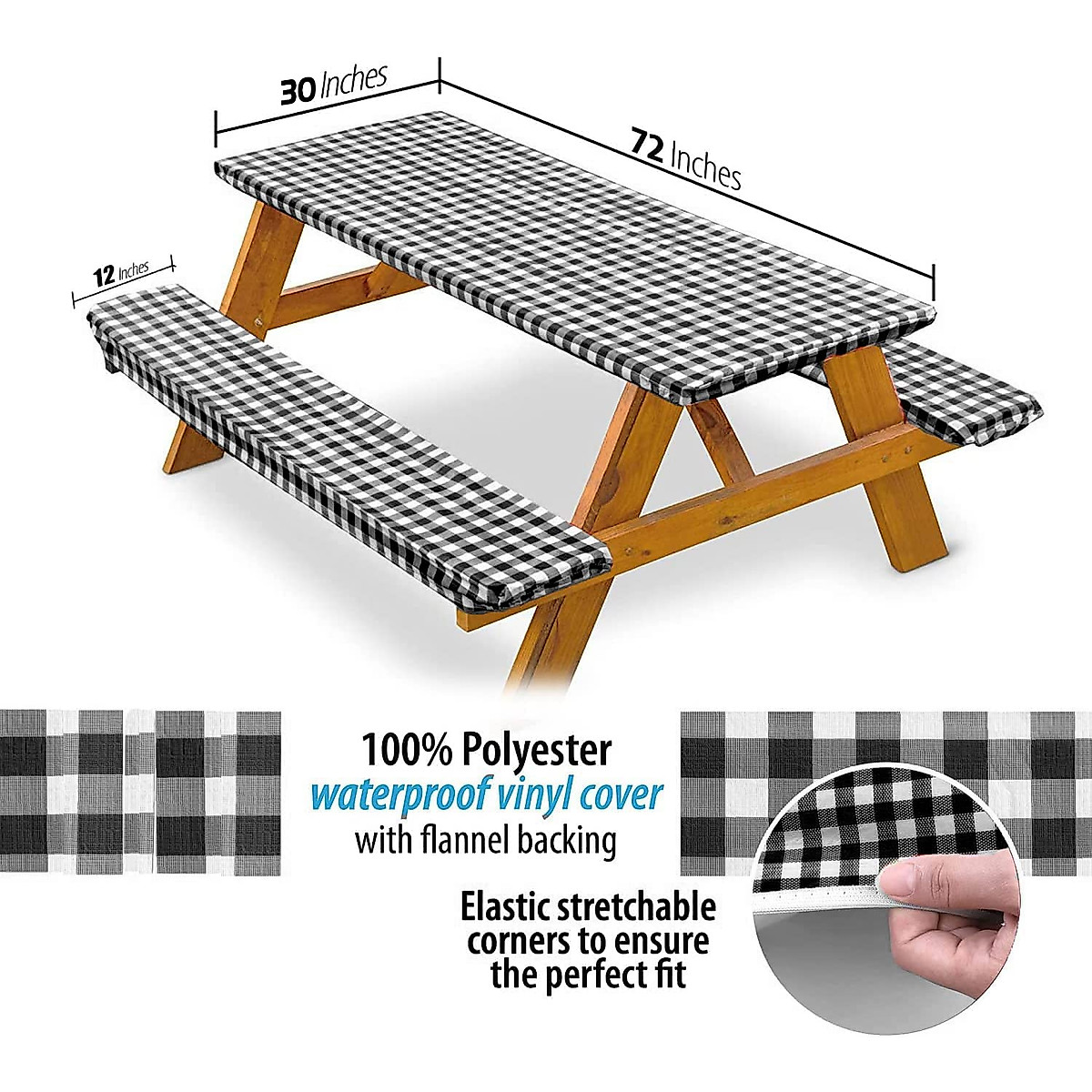8ft Picnic Table Covers with Bench Cover 96"x30" , 8 Foot Tables Picnic Table Cover 3-Piece Set Flannel Backing Elastic Edge Waterproof Wipeable Plastic Cover for Indoor Outdoor Patio