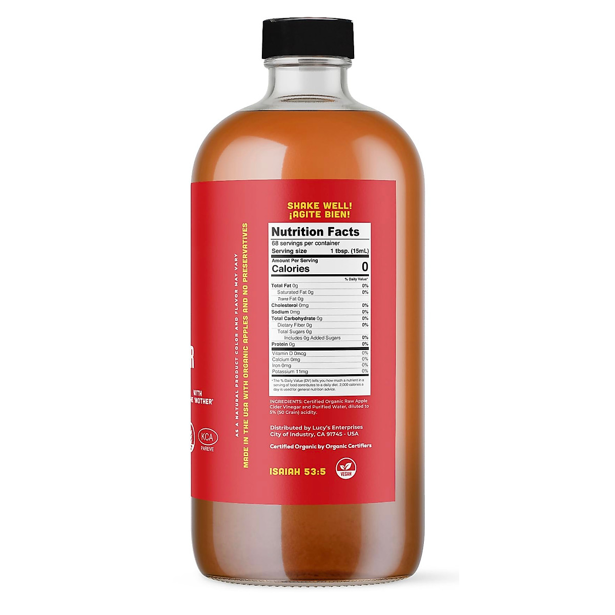 Lucy's Family Owned - USDA Organic NonGMO Raw Apple Cider Vinegar, Unfiltered, Unpasteurized, With the Mother, 34oz Glass Bottle (2 Pack)