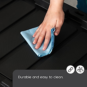 IRIS USA 27 Gallon Heavy Duty Truck Bed Toolbox Storage Tote Bins with Lids, 4 Pack - Made in USA, Tough Snap On Lid Stackable Industrial Rugged Tubs, Garage Organization, Reusable Box - Black