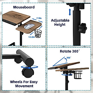 Dtadvlo 23'' Rolling Computer Desk，Portable Laptop Desk，Mobile Portable Laptop Desk, Height Adjustable Laptop Sit to Stand Up Desk，Overbed Table with Wheel Adjustable Height Desk