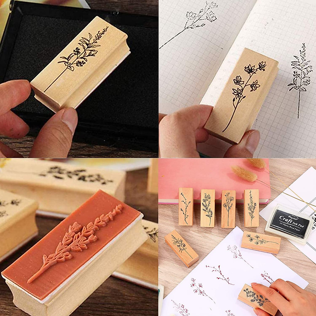 Yayatty 8 PCS Vintage Wooden Rubber Stamps with 5 PCS Craft Ink Stamp Pads Set, Wooden Plant Stamps Set Vintage Rubber Stamps for Crafting for DIY Craft, Letters Diary and Craft Scrapbooking