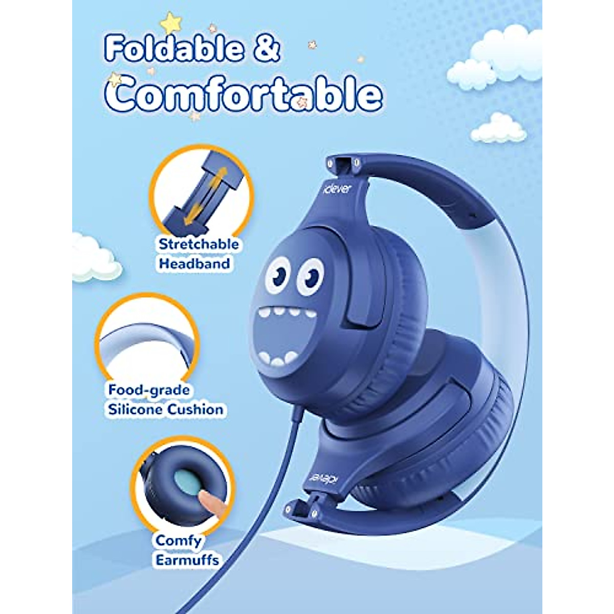 iClever Smiley Kids Headphones Wired, 85/94dB Volume Limited, Over-Ear Headphones for Kids with Share Port, Stereo Sound, Foldable Kids Headphones for School/Travel/iPad/Fire Tablet, Blue