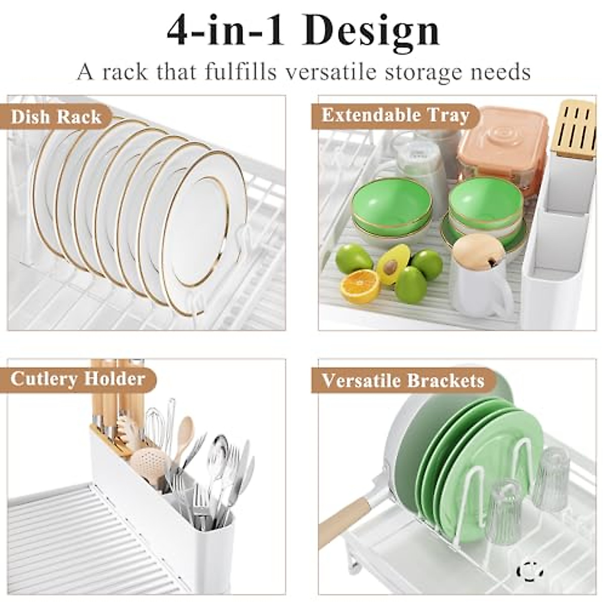 Dish Drying Rack, Auto-Drain Expandable(19.1"-26.9") Kitchen Counter Dish Drainers Rack, Stainless Steel Large Strainers Drying Rack with Drainboard Pan Holder Utensil Holder Caddy Organizer, White