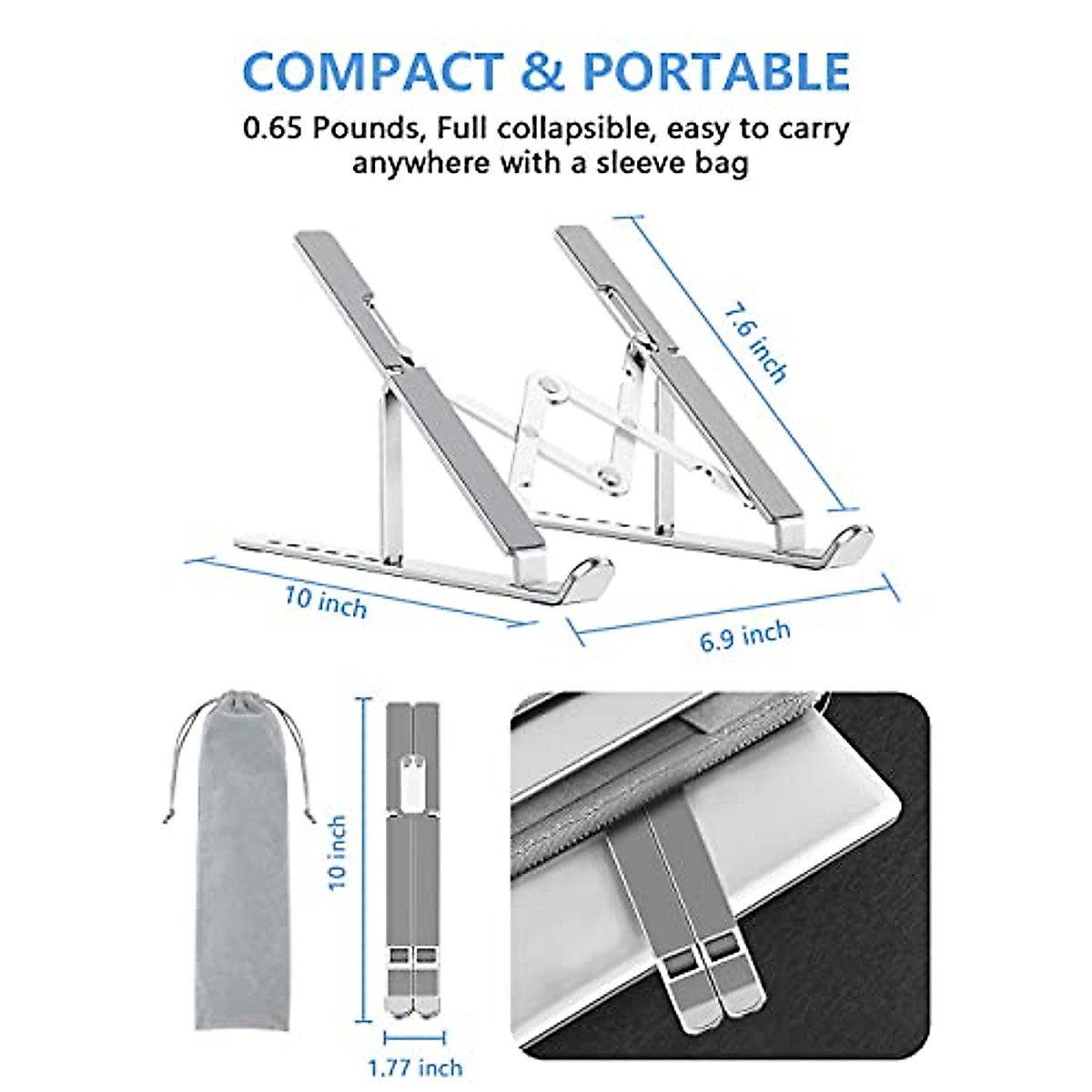 ZSIMC Laptop Stand, Adjustable Aluminum Foldable Portable Holder, Upgrade Whole Anti-Slip Silicone Pad, Laptop Riser for Desk Compatible with MacBook Air pro, iPad, Lenovo, 10-15.6” Laptop and Tablet