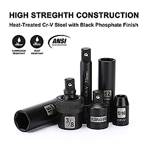 Mayouko 48 Pieces 3/8" Drive Impact Socket Set, SAE/Metric, 6 Point, CR-V, Includes Extension Bar, Adapter, Universal Joint