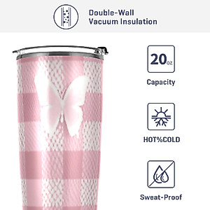 Amooorous Lovely Pink Lace Butterfly Plaid Stainless Steel insulated water bottle for home Leak-proof Lid and Straw coffee mug to go for camping vacuum insulated tumbler with lid vaso para